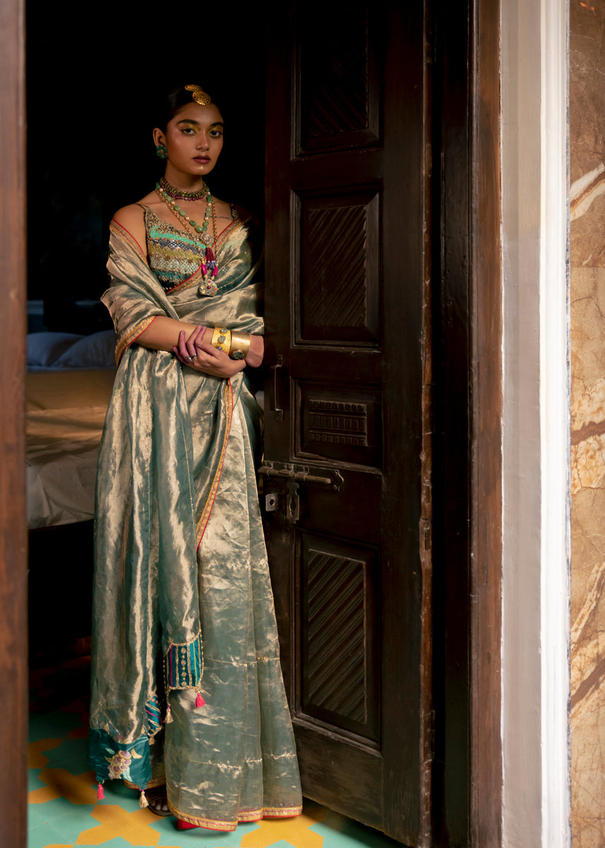 Fariba Teal Tissue Sari Set – Raji Ramniq