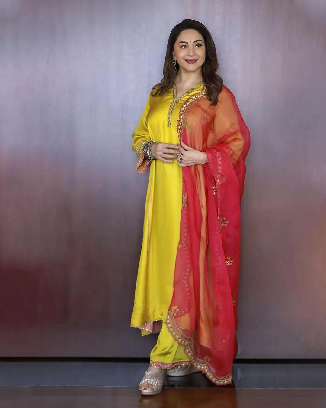 Madhuri Dixit Nadira Lime Yellow Silk Butti Back Yoke Kurta Set – Raji ...